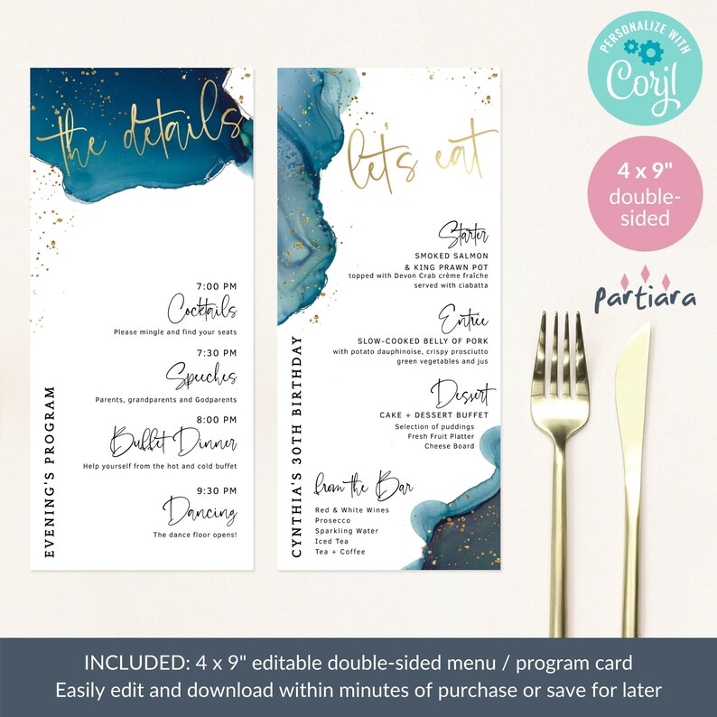 Teal Blue Gold Menu and Program Printable Editable Digital - Etsy