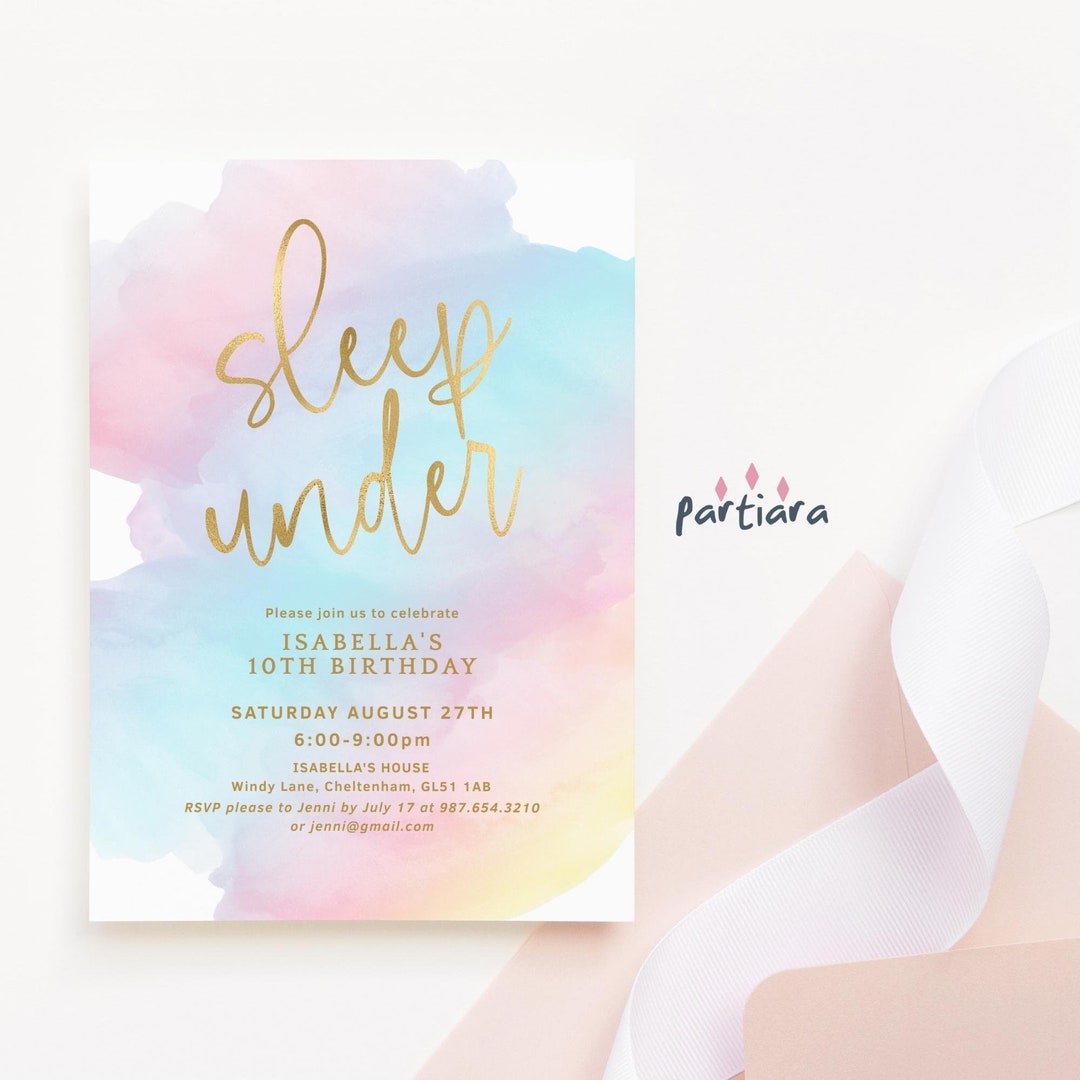 Sleep Under Party Birthday Invite Printable Pastel Rainbow Late Party ...
