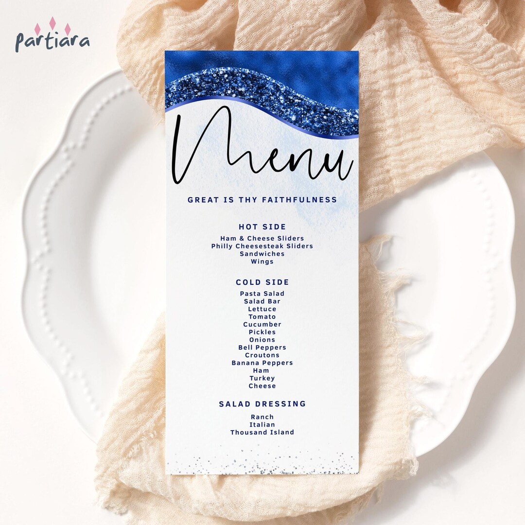 Royal Blue Menu Template, Birthday Dinner Party Menus Printable, Men or ...