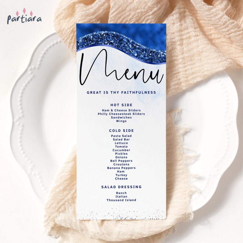 Royal Blue Menu Template, Birthday Dinner Party Menus Printable, Men or ...