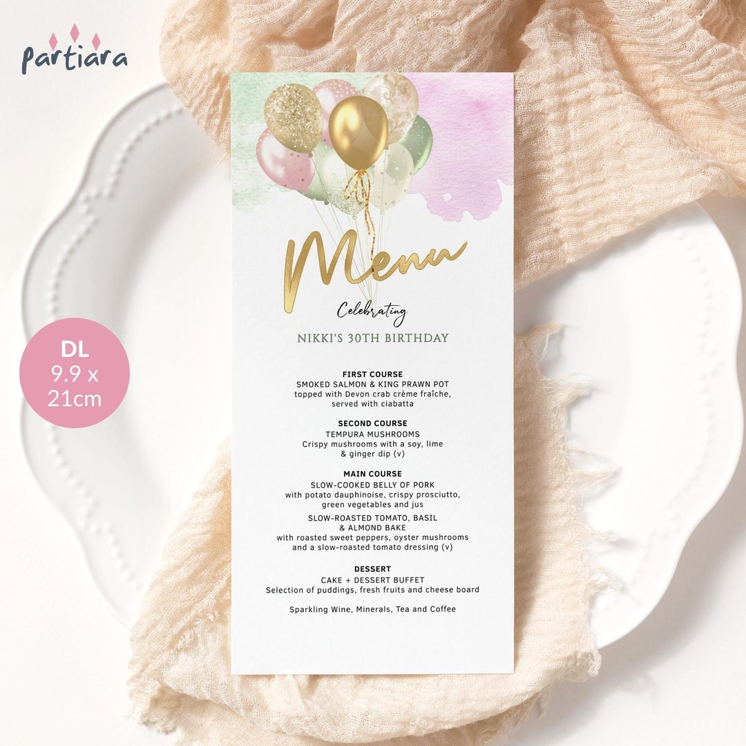Editable Menu Card Birthday Dinner Party Elegant Girls Table Menus ...