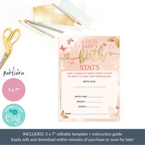 Baby Birth Stats Game Baby Shower Guessing Games Card Girl Butterfly ...