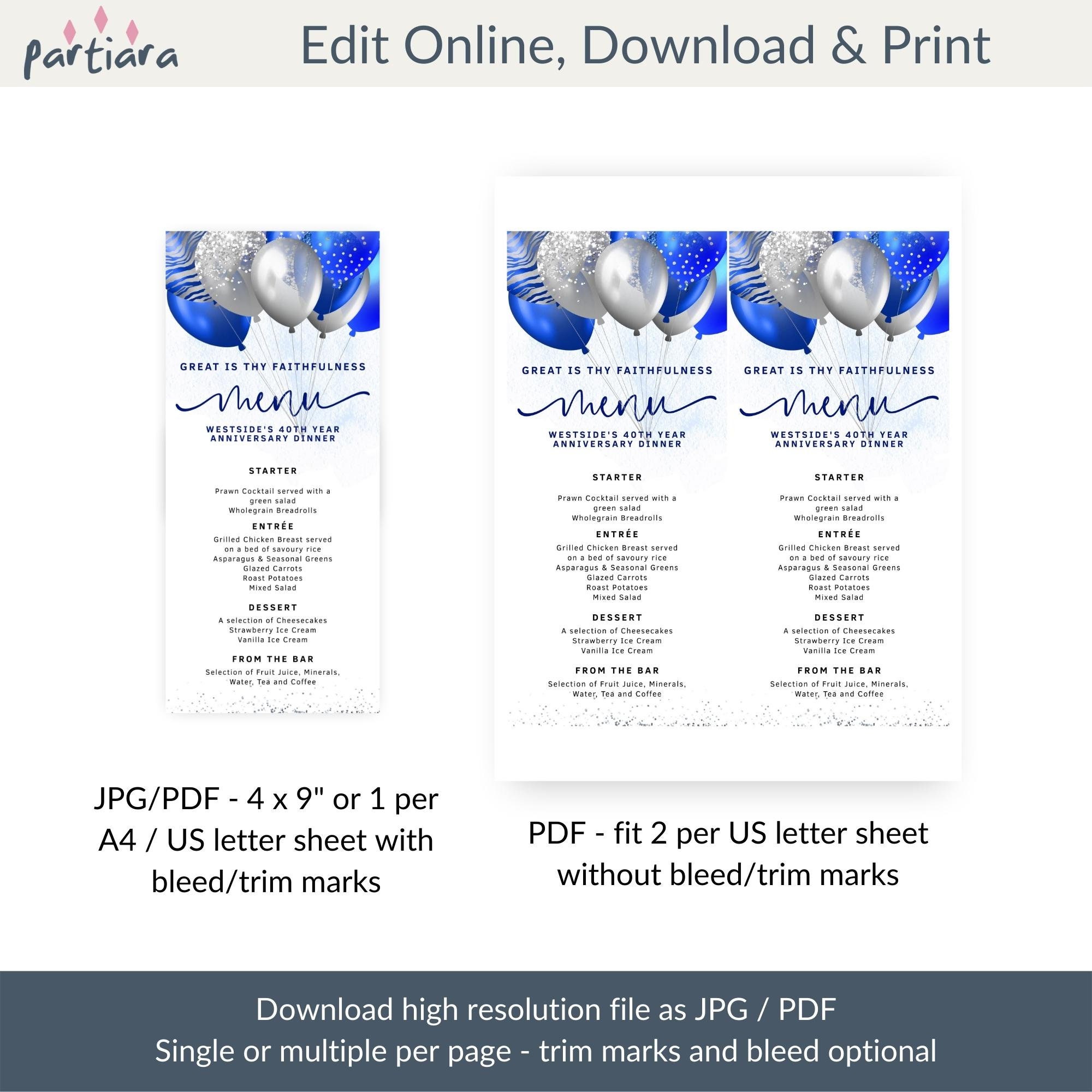 Royal Blue Menu Cards Editable Silver Balloons Party Menus Printable ...