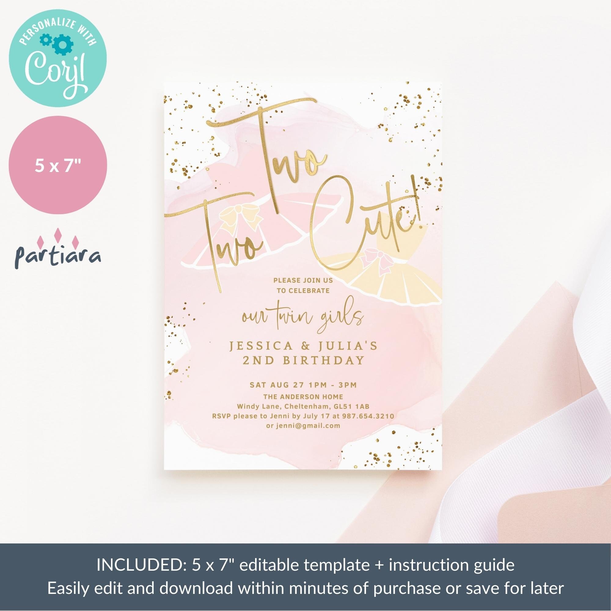 Twin Girls 2nd Birthday Invite Two Tutu Cute Tea Party Invitations ...