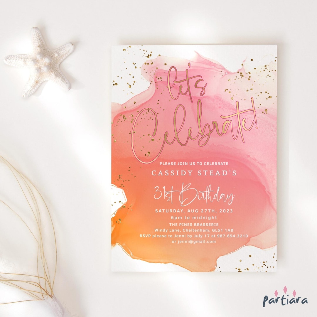 Editable Birthday Invite Orange Pink Party Invitations Ladies Sunrise ...