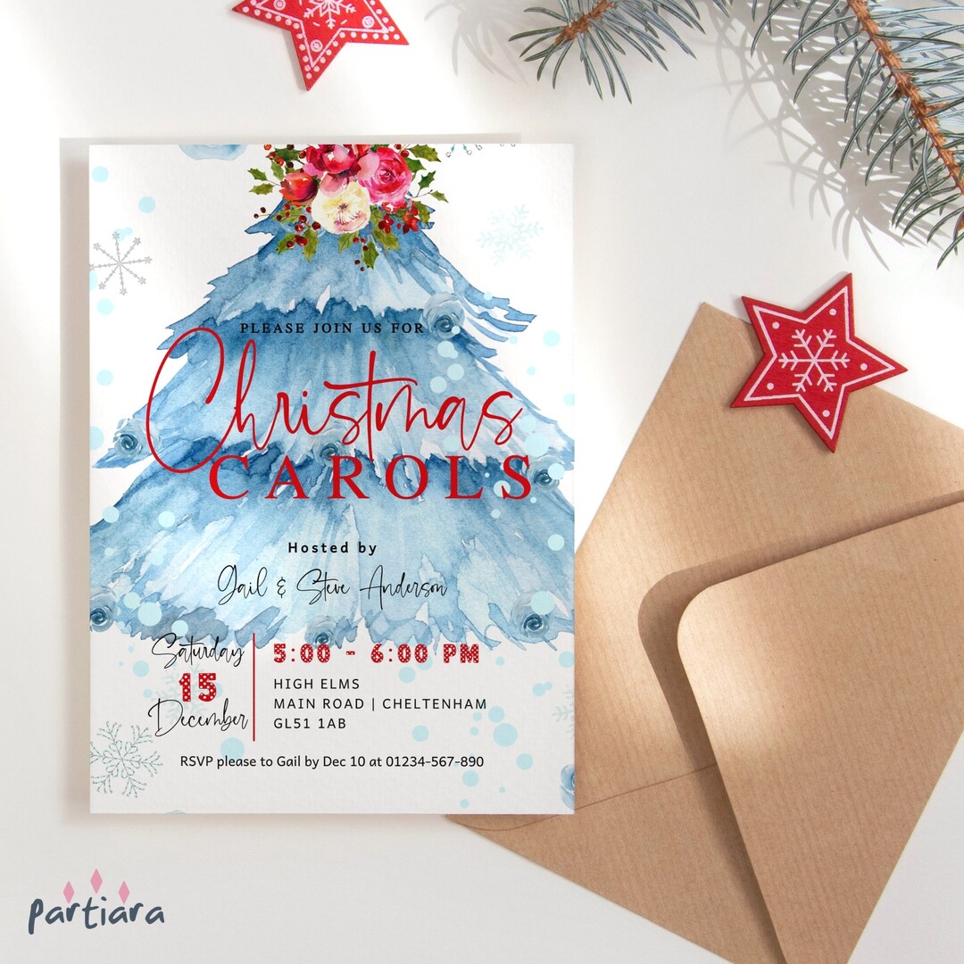 Editable Christmas Tree Invitation, Christmas Carols Invite Template ...