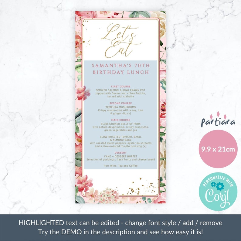 Ladies Menu Editable Template: Floral Birthday Table Menus Printable ...