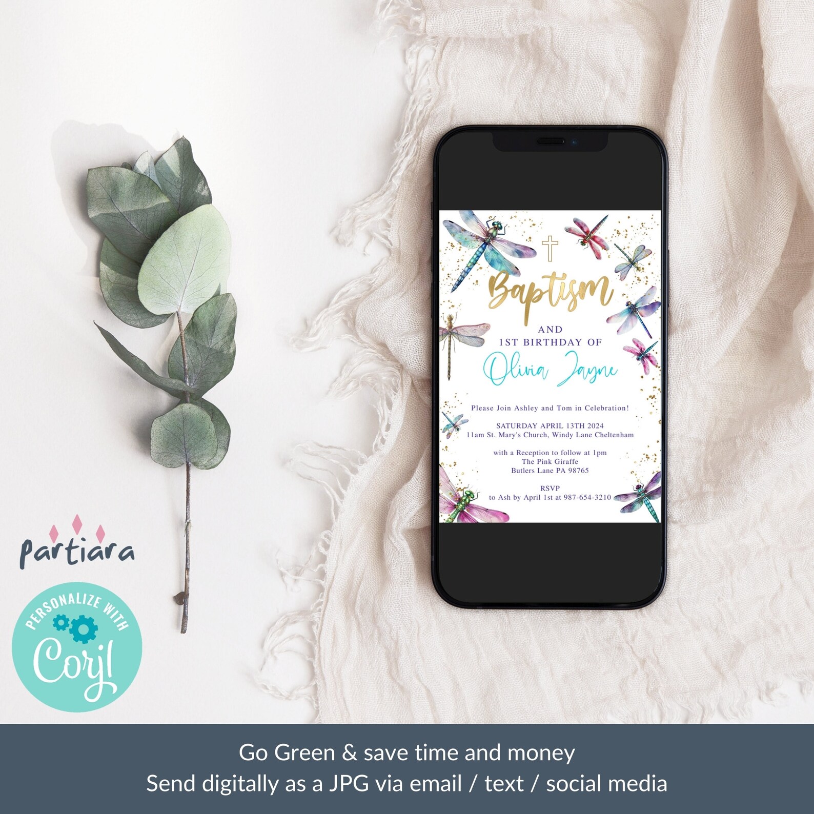 Baptism Invitation Girls Dragonfly Editable Template: Pink Purple ...