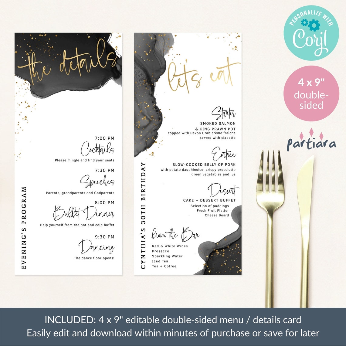 Black Gold Menu and Program DIY Editable Adult Birthday Party - Etsy