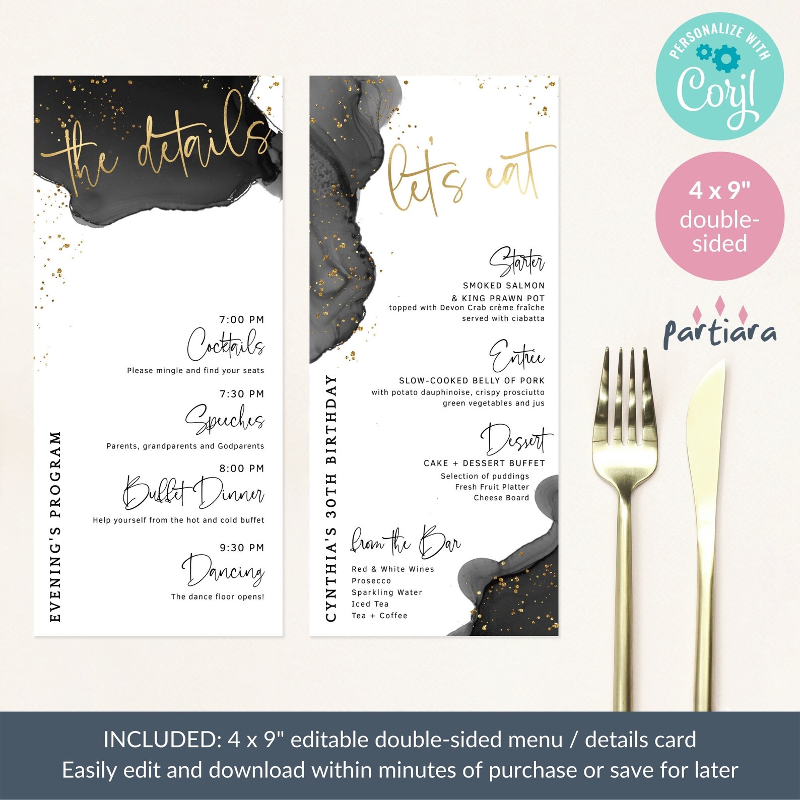Black Gold Menu and Program DIY Editable Adult Birthday Party Menus ...