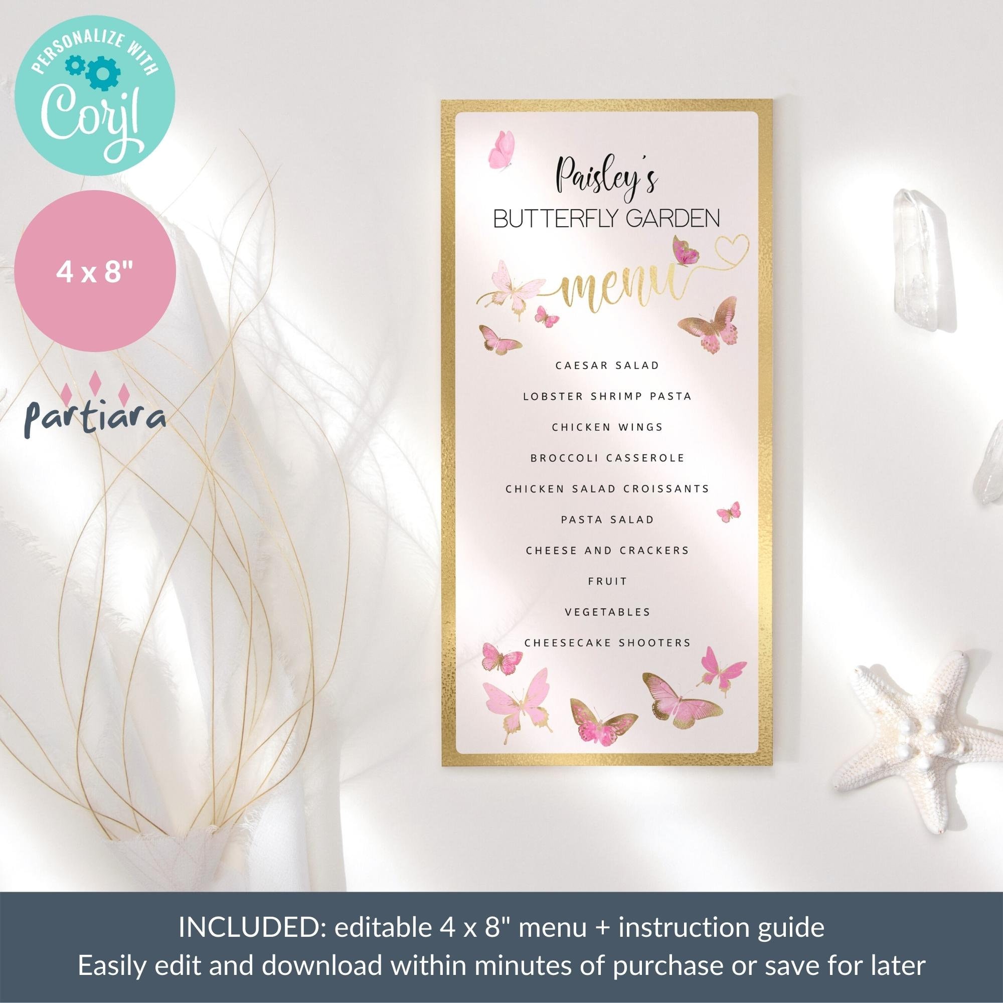 Butterfly Menu Card Template, Girl Baby Shower Menus Printable, 1st ...