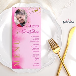 Editable Hot Pink Photo Menu Card Teen Girls Brunch or Dinner Party ...