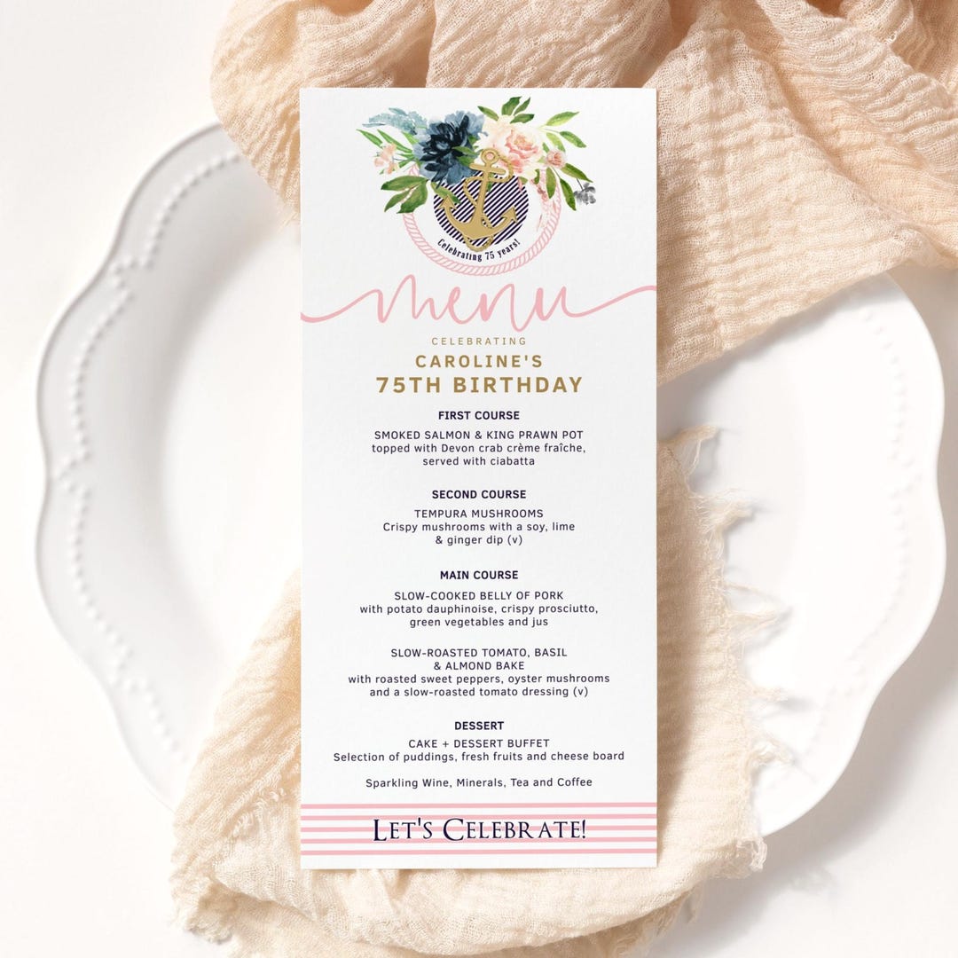 Beach Menu Template, Birthday Nautical Ladies Party Menus Printable ...