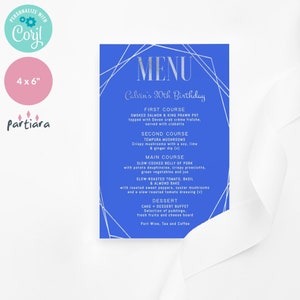 Royal Blue Menu Template, Place Setting Menus Printable, Birthday ...