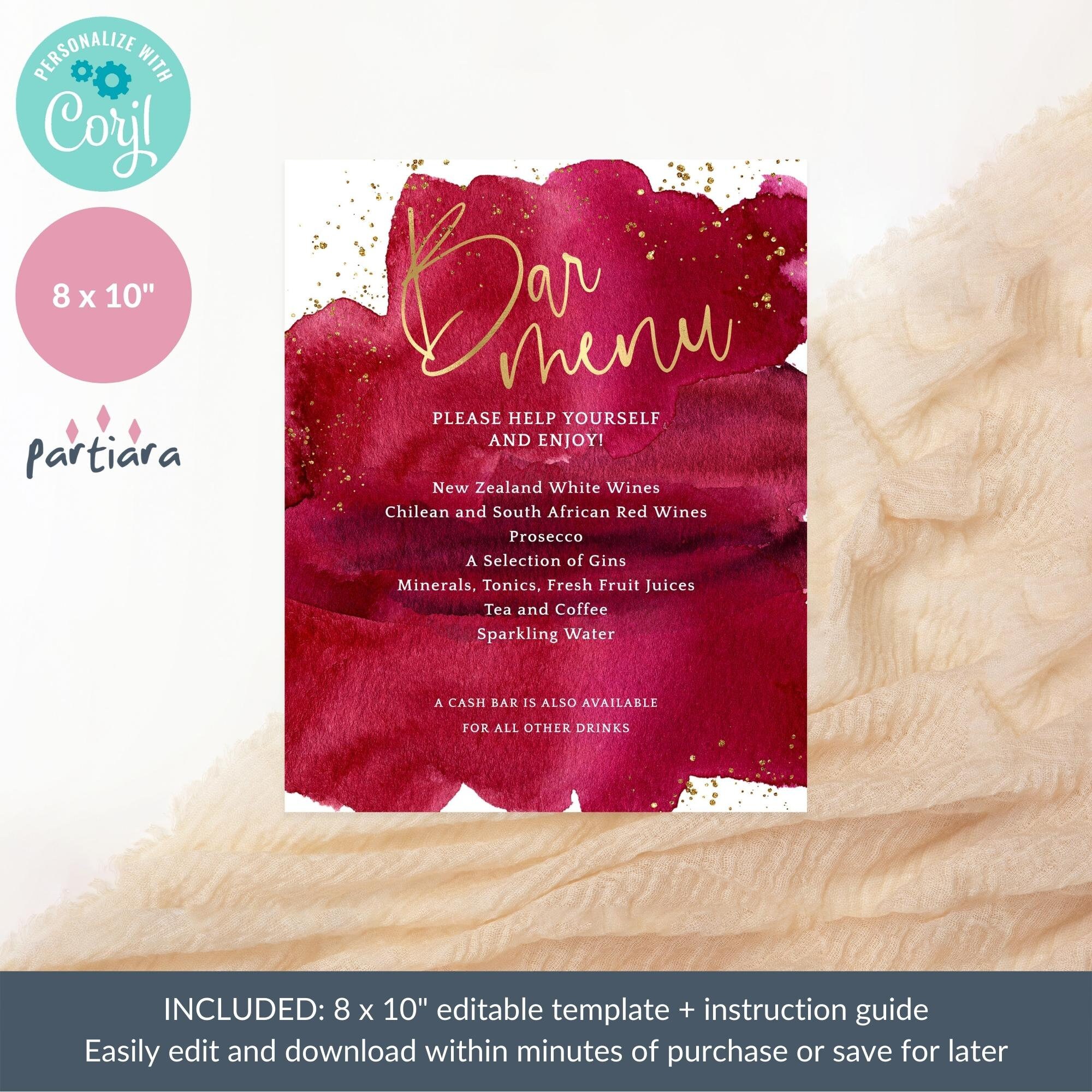 Ruby Red Gold Bar Menu Sign Printable Birthday Party Bridal - Etsy ...