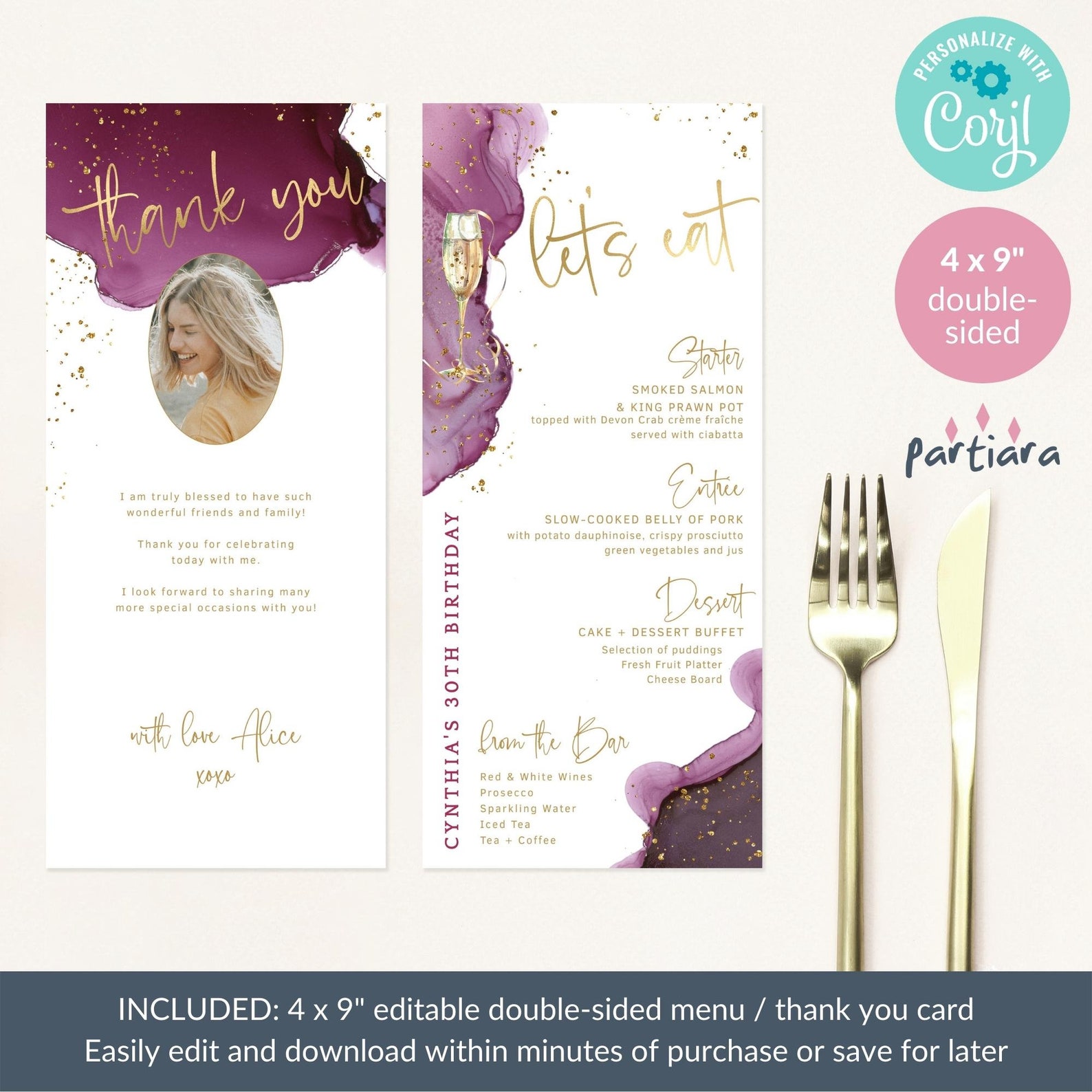 Ladies Purple Menu With Thank You Card Photo Printable Slim - Etsy
