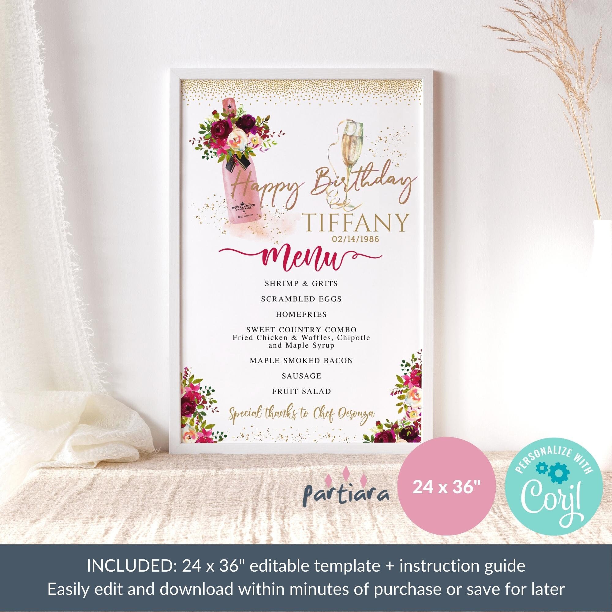Editable Birthday Menu Sign Template, Ladies Celebration Welcome Party ...