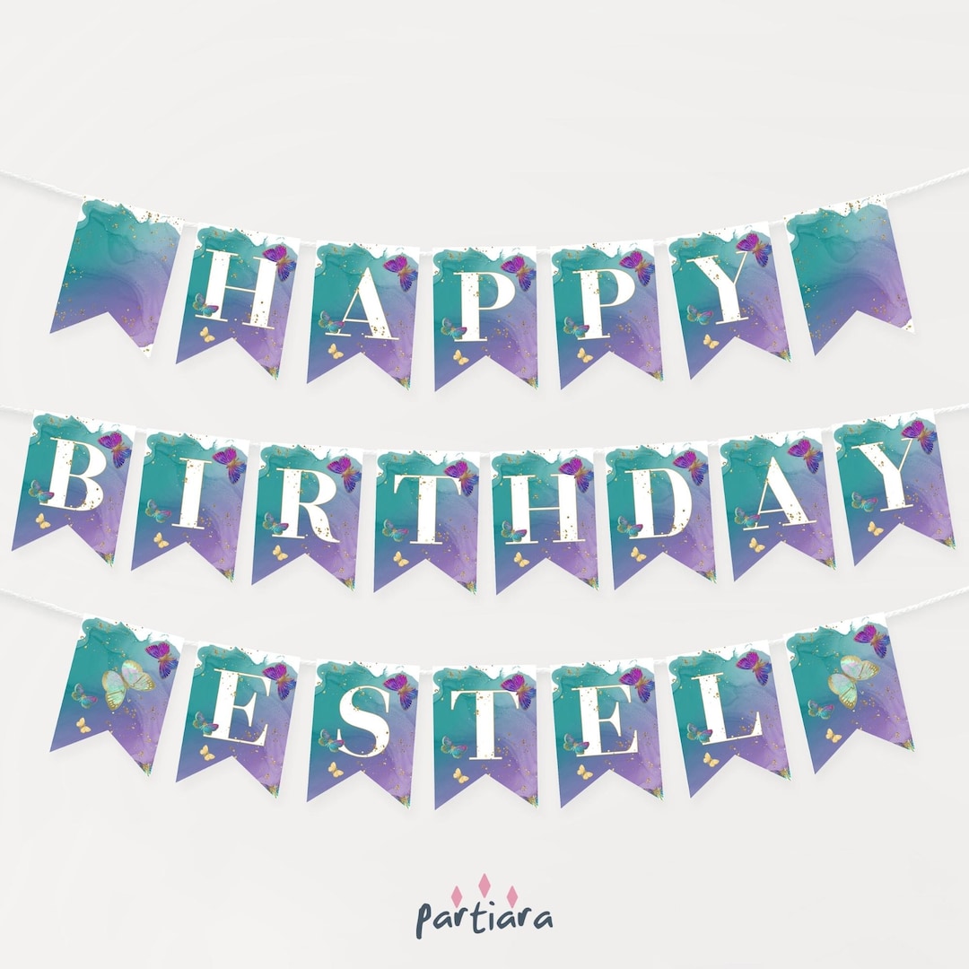Purple Teal Happy Birthday Bunting Banner Printable Ladies Teen Girls ...