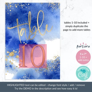 Royal Blue Gold Table Numbers Printable Men or Ladies Birthday ...