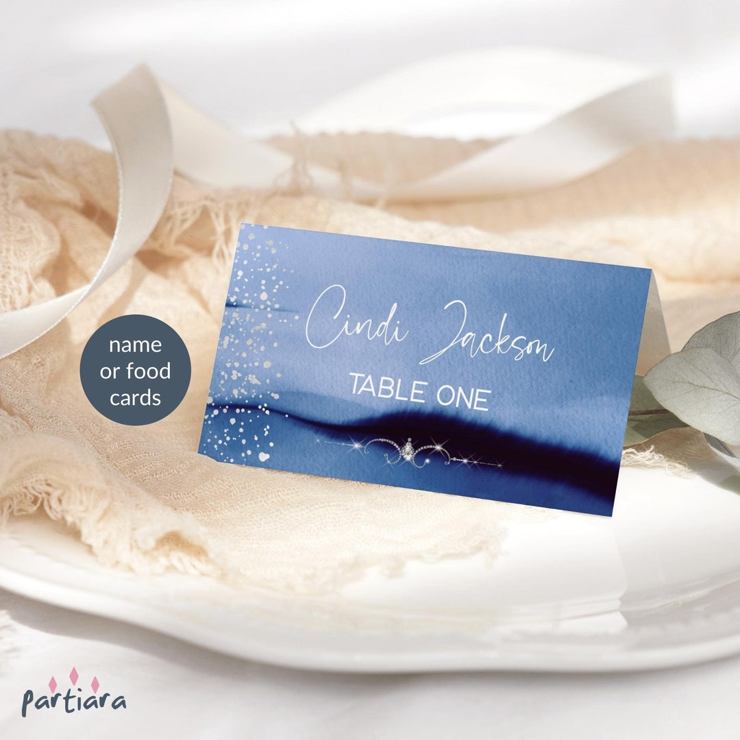 Birthday Dinner Table Name Cards Seating Place Cards Navy Blue Silver ...