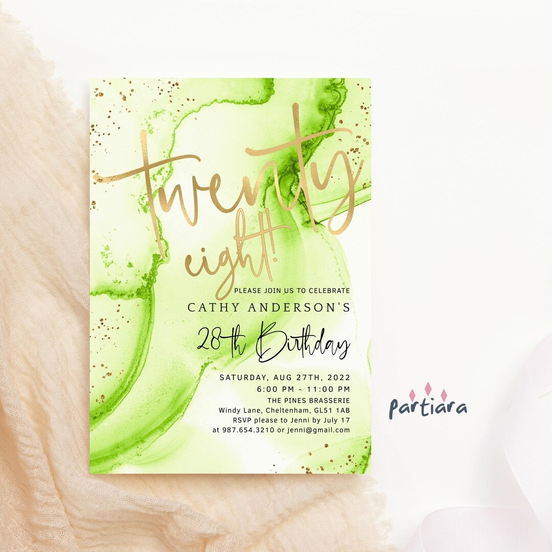 Lime Green Birthday Invite 28th Party Invitation Editable Template ...