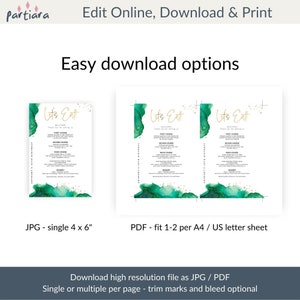 Emerald Green Menu Template, Birthday Dinner Party Table Menus ...