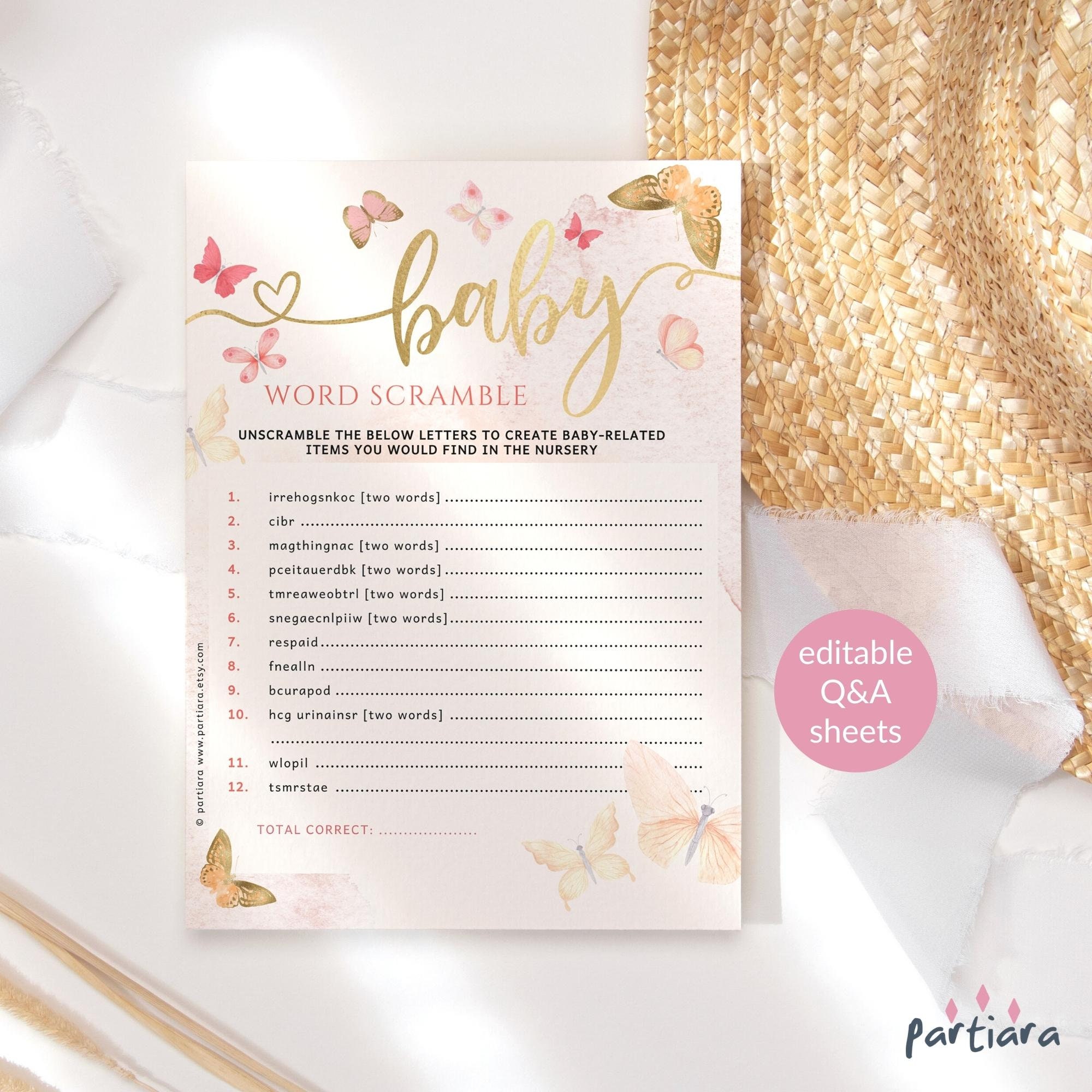 Butterfly Baby Shower Word Scramble Game Card Printable - Etsy
