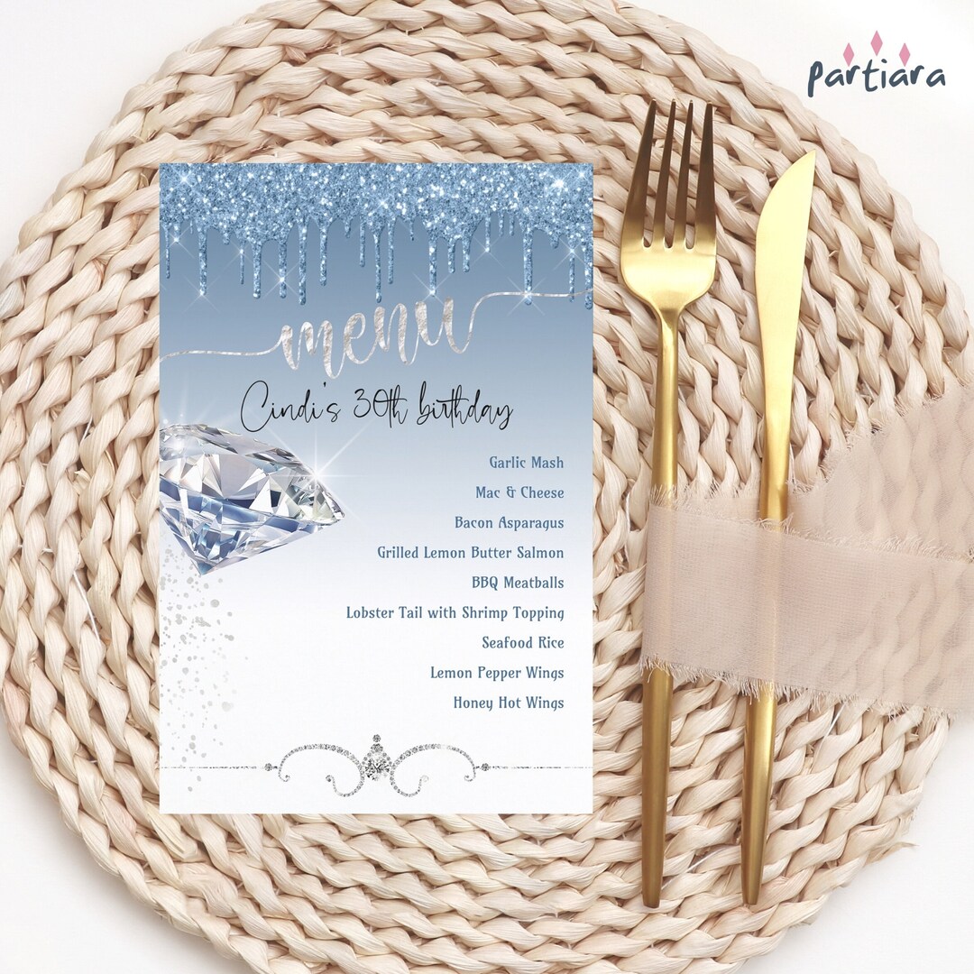 Blue Diamond Menu, Birthday Menu Card Printable, Dinner Party Table ...