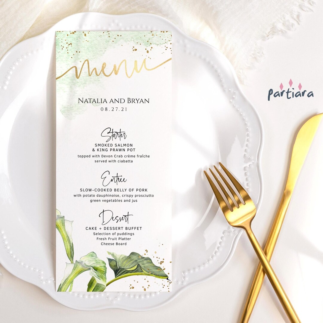 Lilies Menu Card Calla Lily Wedding Bridal Shower Table Menus Printable ...
