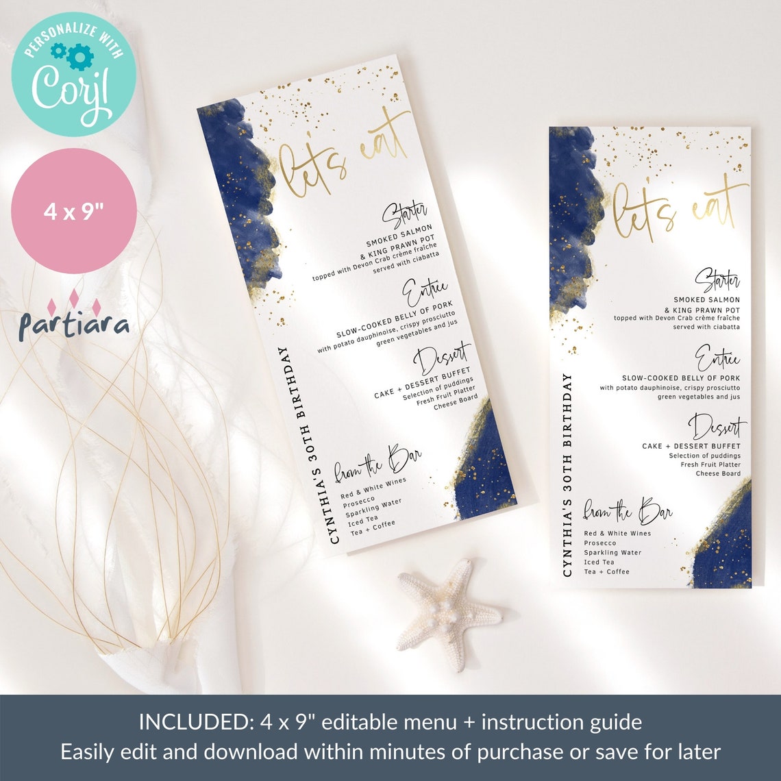 Blue Gold Menu Card Editable Template Birthday Party Dinner Table Menus ...