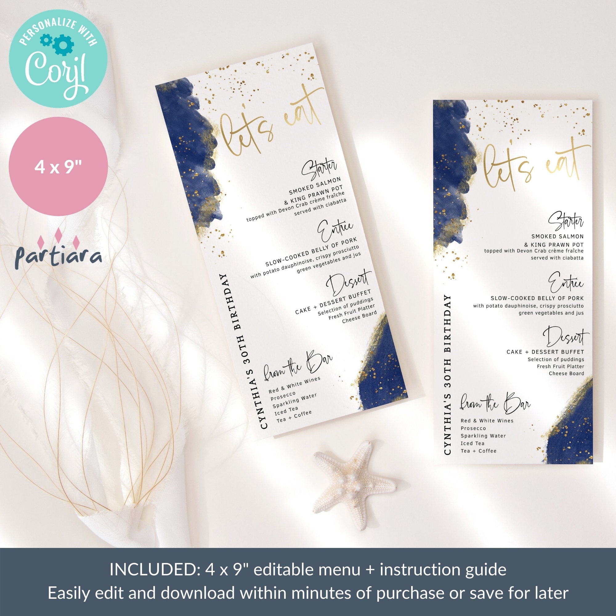 Blue Gold Menu Card Editable Template Birthday Party Dinner Table Menus ...