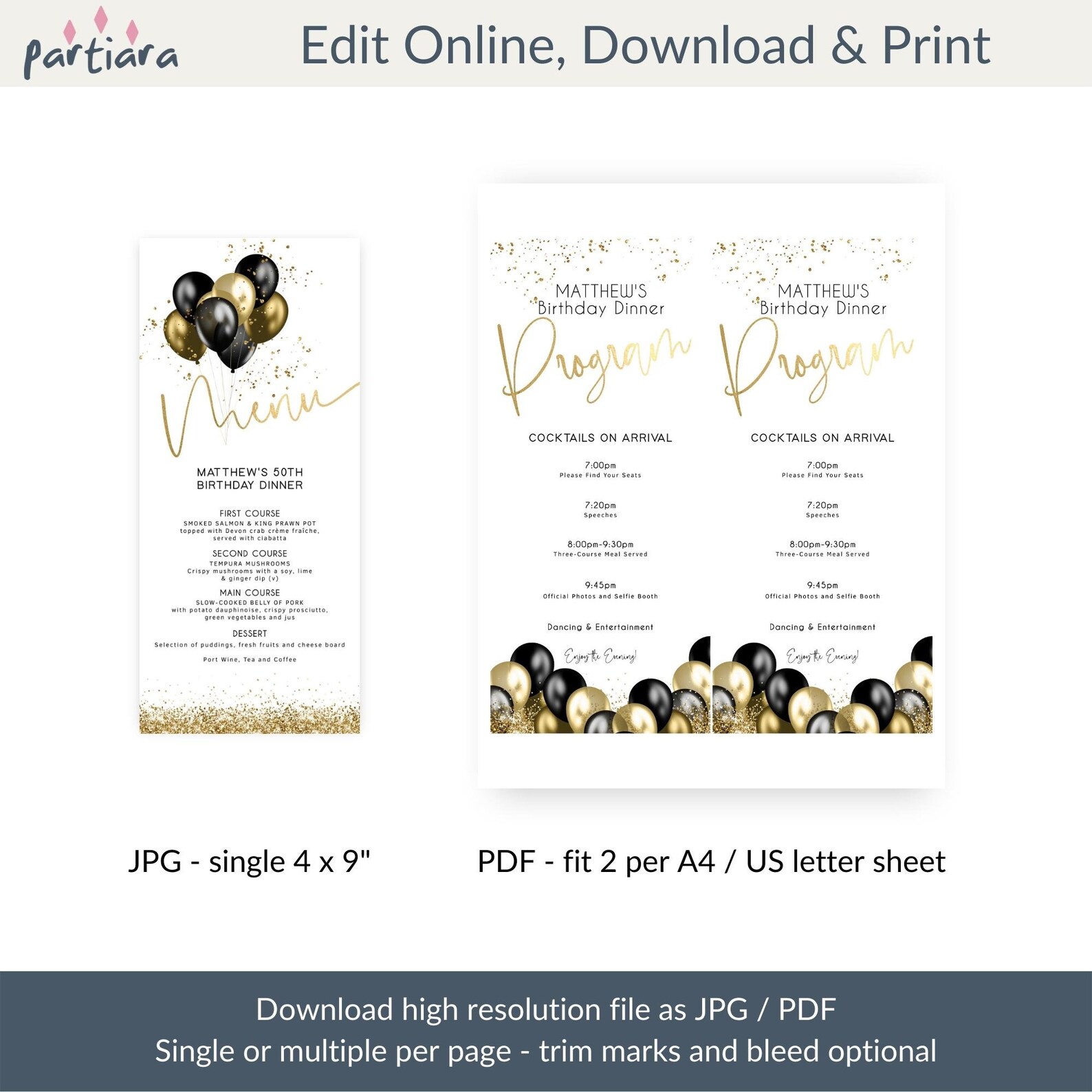 Black Gold Menu Program Card Editable Template Men or Ladies Birthday ...