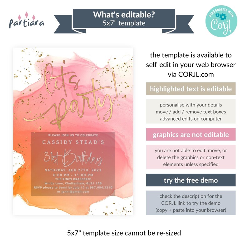 Editable Pink Orange Party Invite Birthday Invitations Printable Bridal ...
