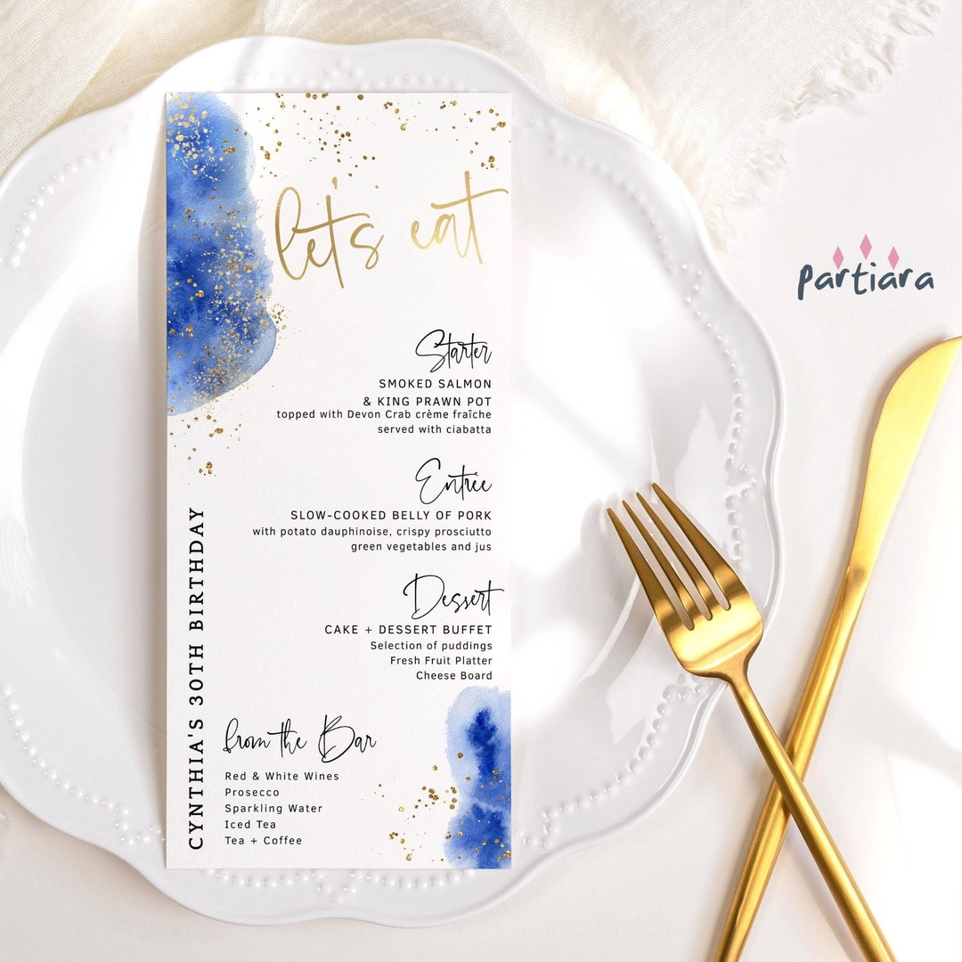 Editable Blue Menu Template, Royal Blue Birthday Menus Printable ...
