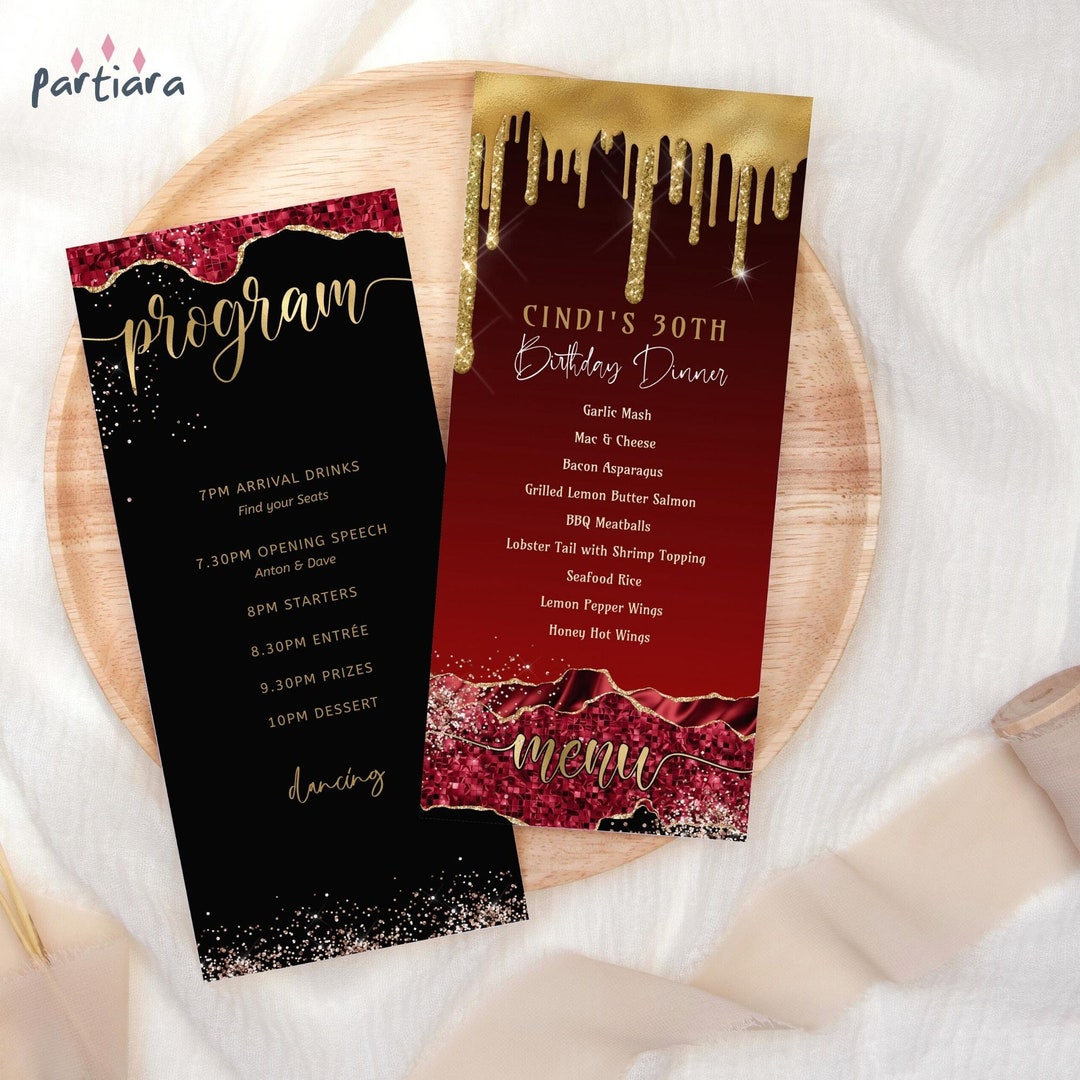 Birthday Program Menu Template Printable, Wine Red and Gold Birthday ...