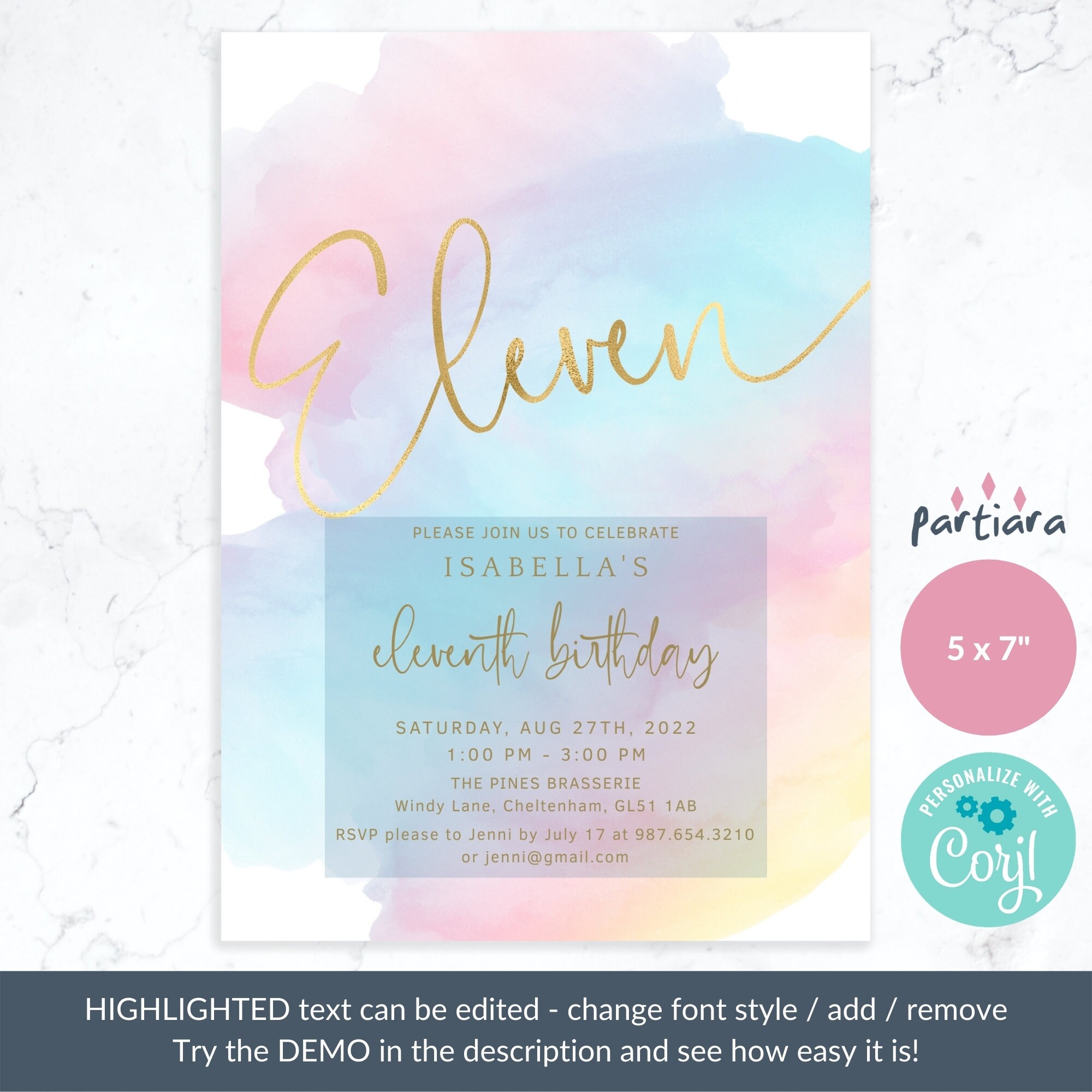 11th Birthday Invitation Printable Girl's Pastel Rainbow | Etsy