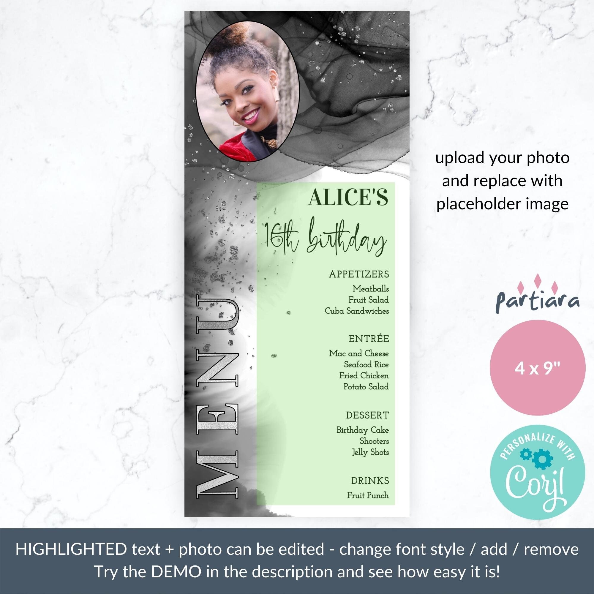 Teens Birthday Menu Card Printable Boys or Girls Photo Table - Etsy