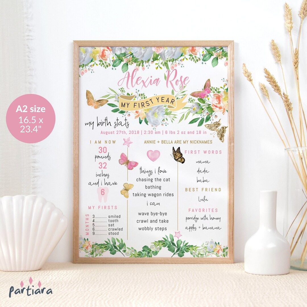 Butterfly 1st Birthday Sign, Girls Milestone Chart, First Year Birth ...
