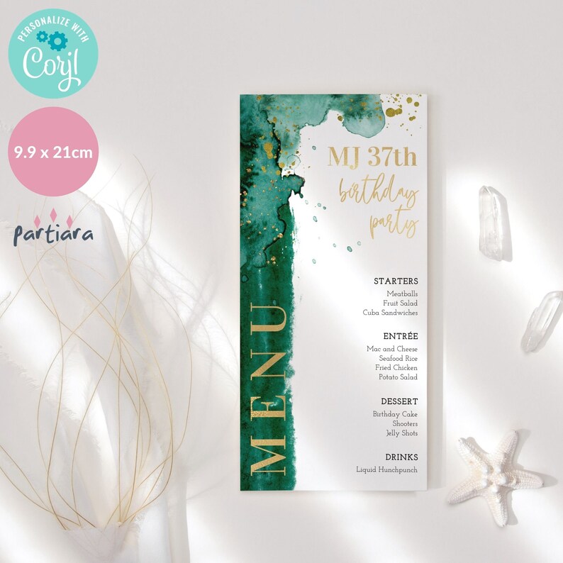 Birthday Menu Card Emerald Green and Gold Party Table Menus - Etsy