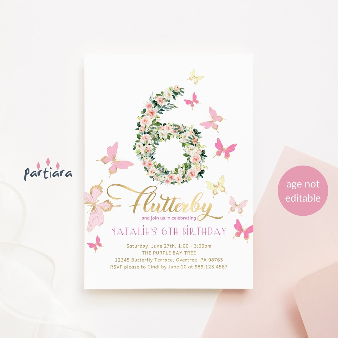 Girl 6th Birthday Invite Printable Butterfly Floral Princess Tea Party ...