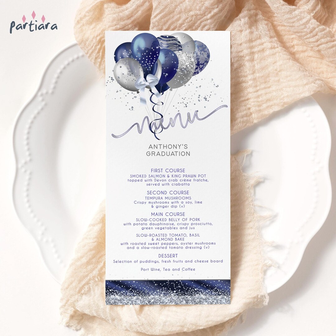 Graduation Menu Card Royal Blue Party Printable, Birthday Menus Men or ...