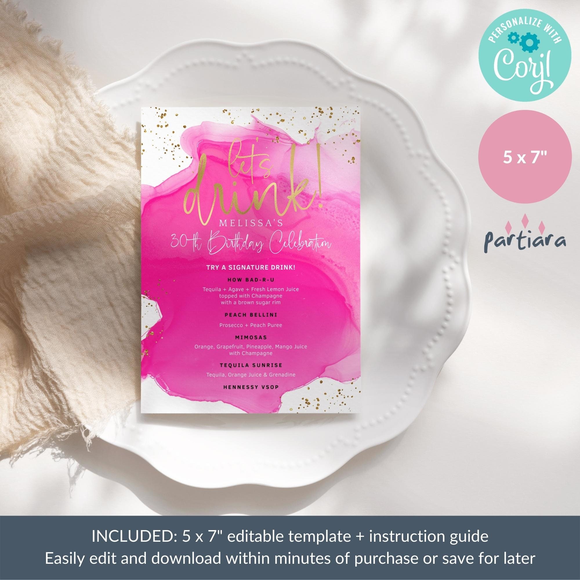 Hot Pink and Gold Drinks Menu Editable Template Ladies Night - Etsy