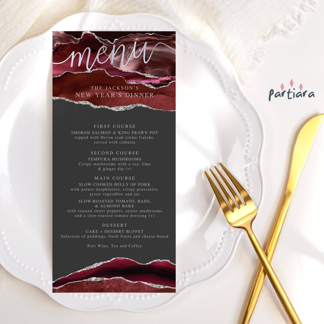 Burgundy Silver Menu Template, New Years Eve Dinner Menus, Ladies ...
