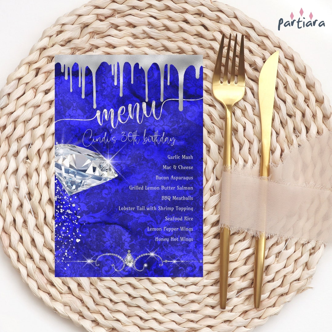 Royal Blue Menu Card Silver Diamonds Glitter Table Menus Printable Teen ...