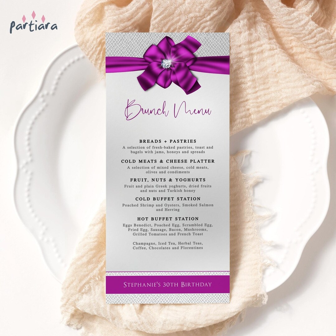 Purple Silver Menu Card Template, Editable Ladies Birthday Table Menus ...