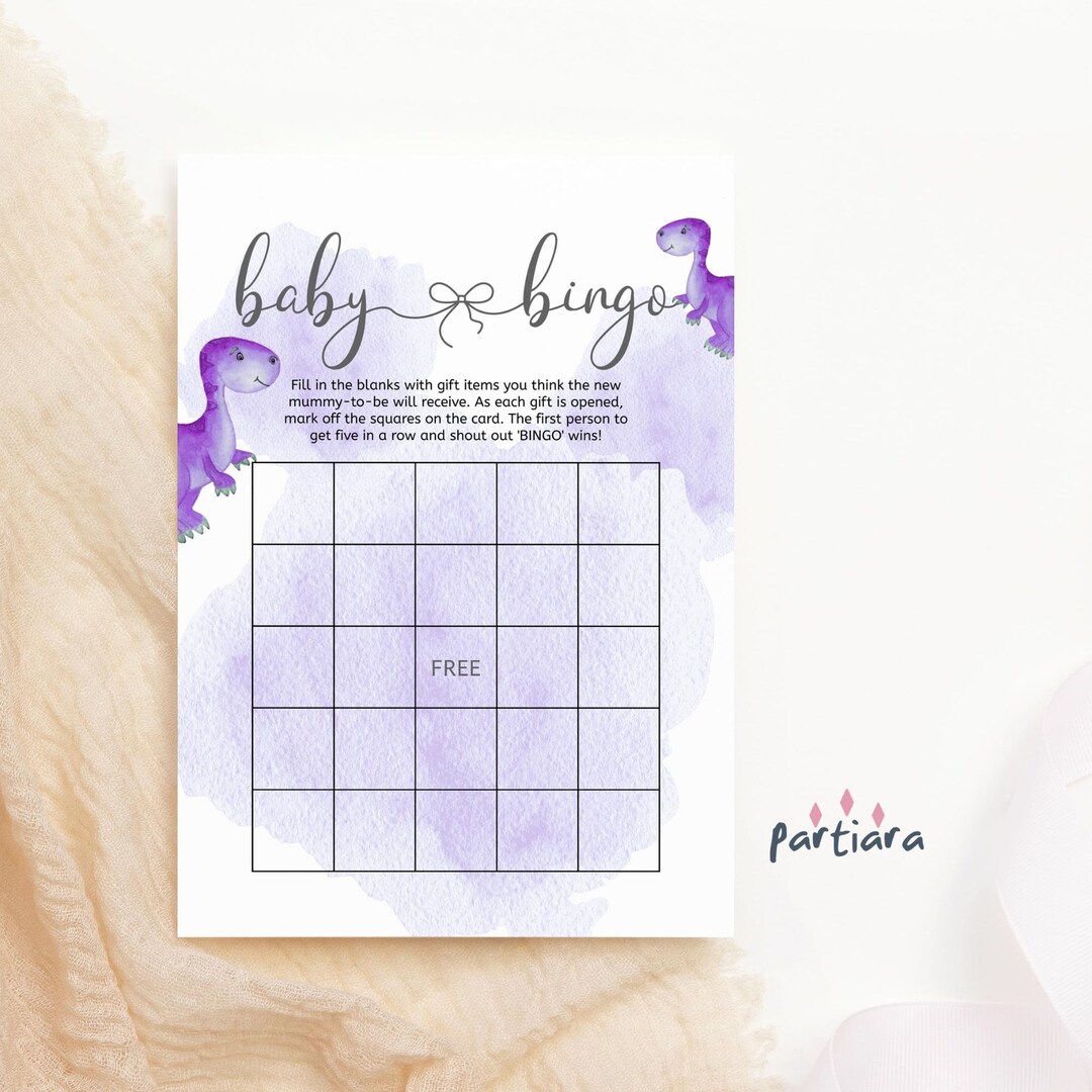 Baby Dinosaur Bingo Game Card Girl Baby Shower Gift Bingo Notecard ...