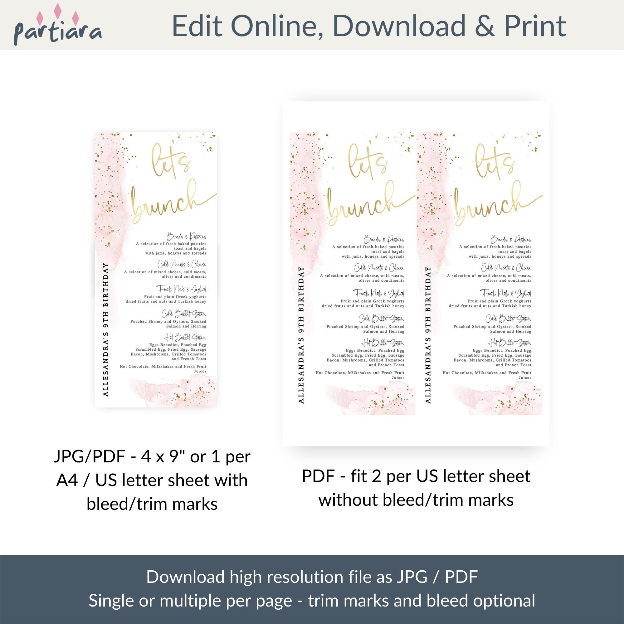 Birthday Brunch Menu Card Printable Girl Party Table Menus | Etsy