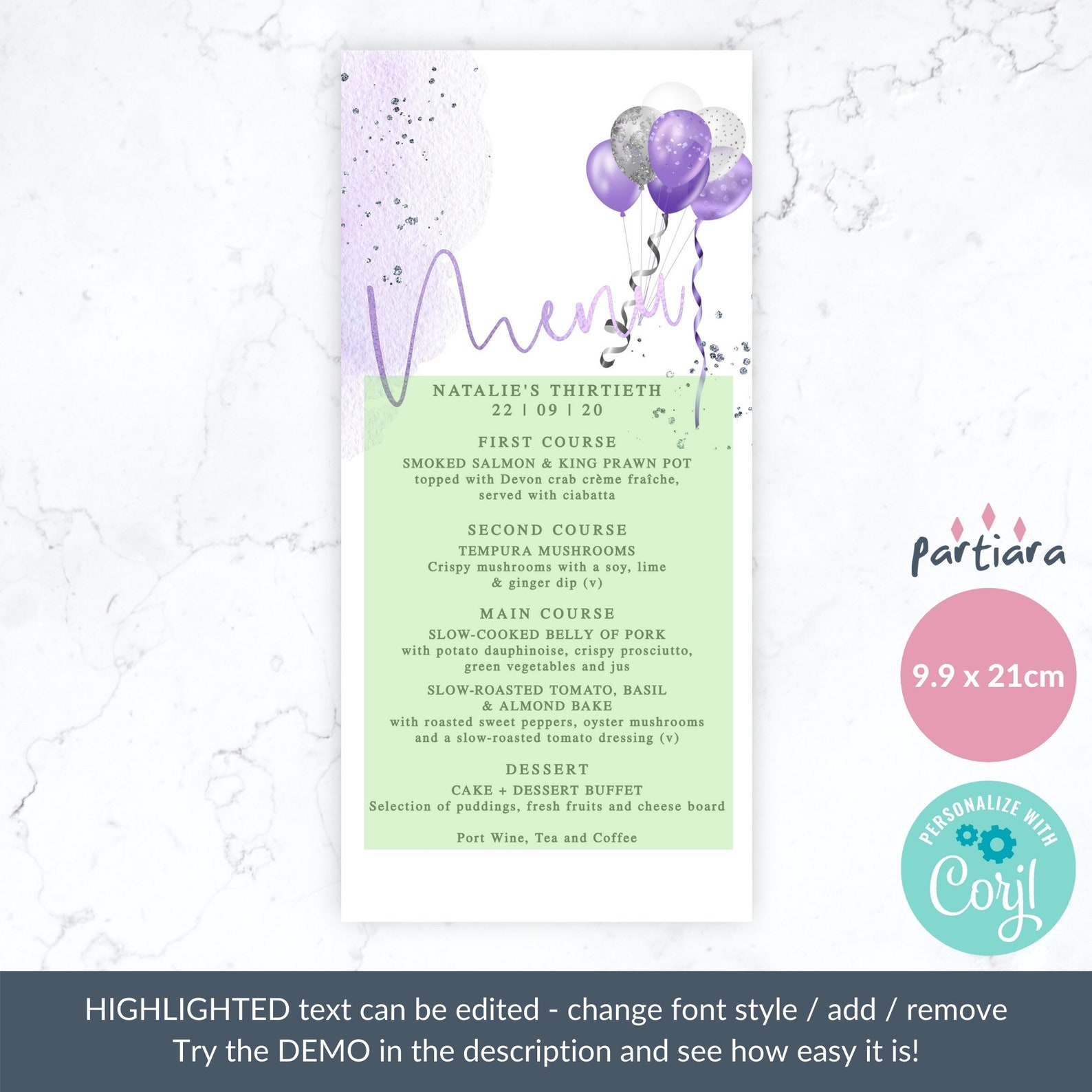 Purple Menu Card, Birthday Dinner Menus Printable, Ladies Table Menu ...