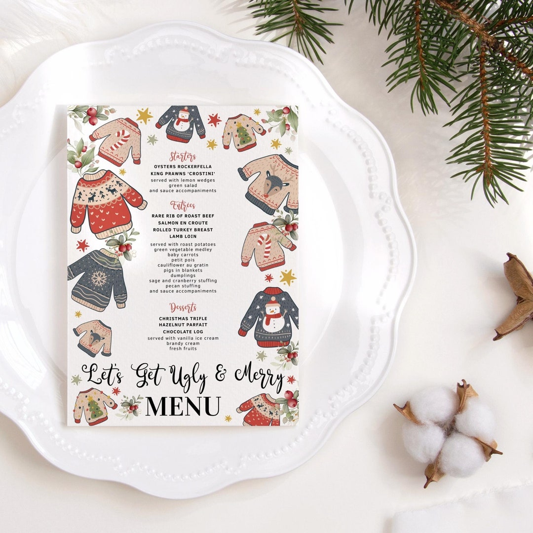 Ugly Sweater Menus, Christmas Menu Card Printable, Lets Get Ugly Dinner ...
