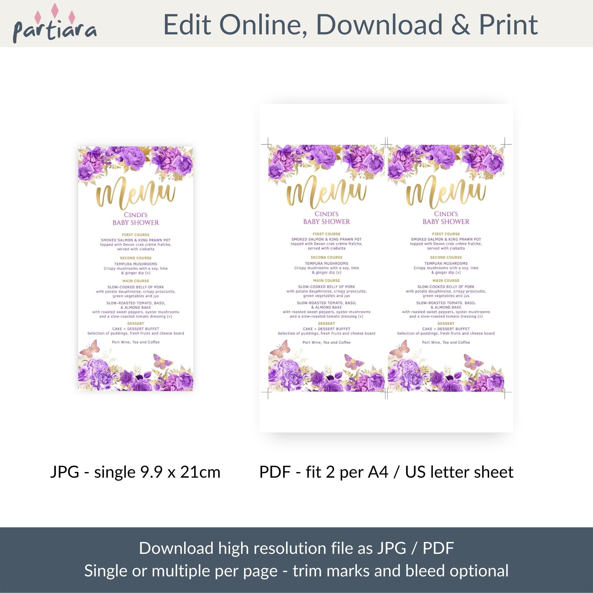 Purple Floral Butterfly Menu Printable Girl Baby Shower Party - Etsy